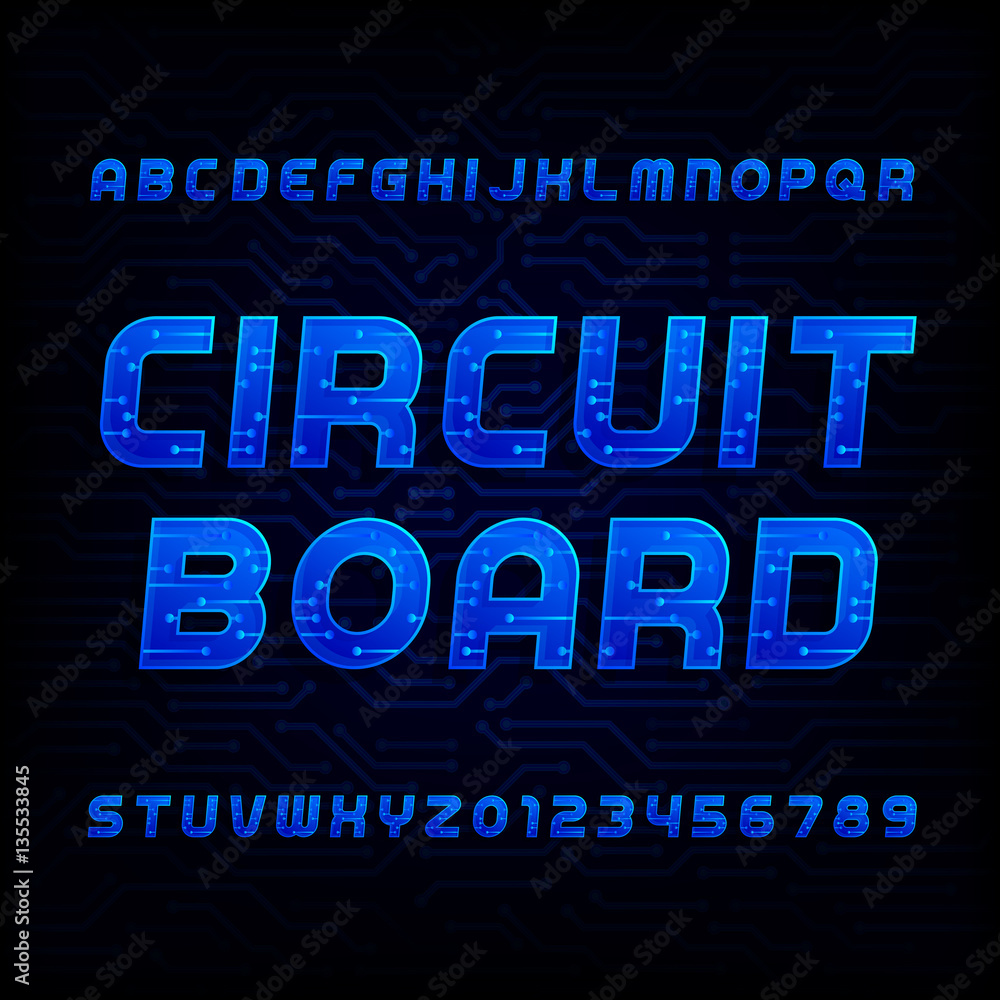 Circuit board font. Vector Alphabet. Digital hi-tech style letters and ...