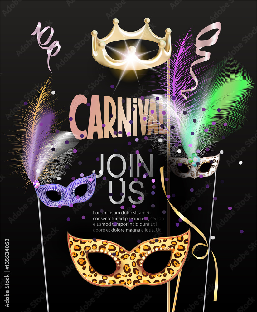 Carnival party background with masks, serpentine and confetti. Vector ...