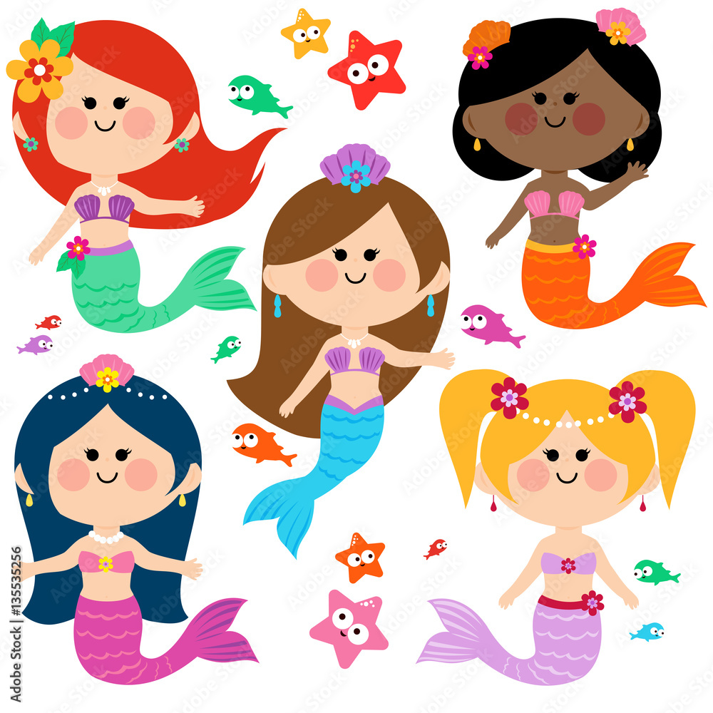 Cute colorful mermaid princesses, fish and starfish. Vector ...