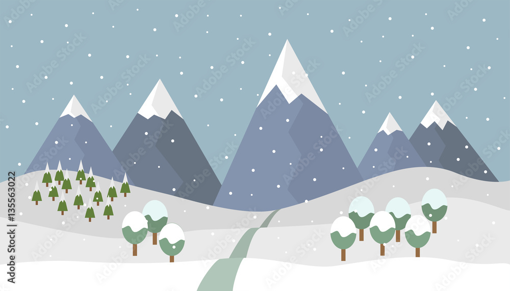 Cartoon snowy winter mountain landscape with falling snow and trees and ...