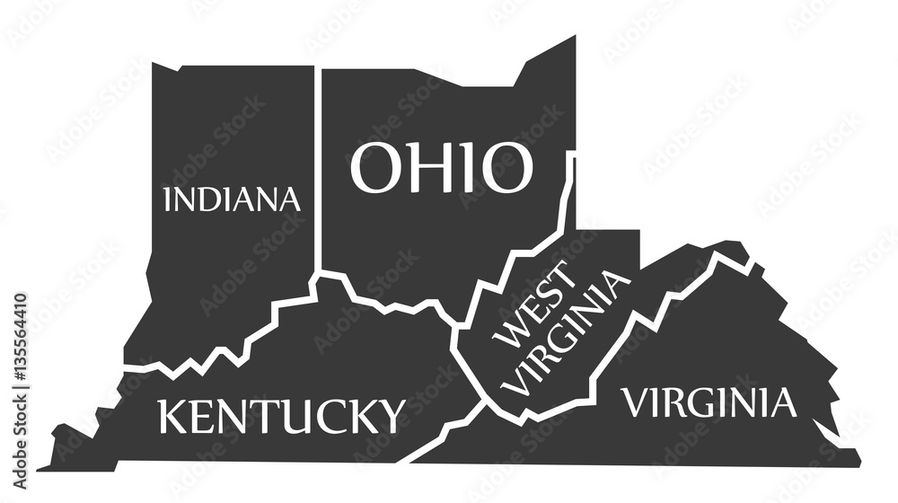 Indiana - Kentucky - West Virginia - Virginia - Ohio Map labelled black ...