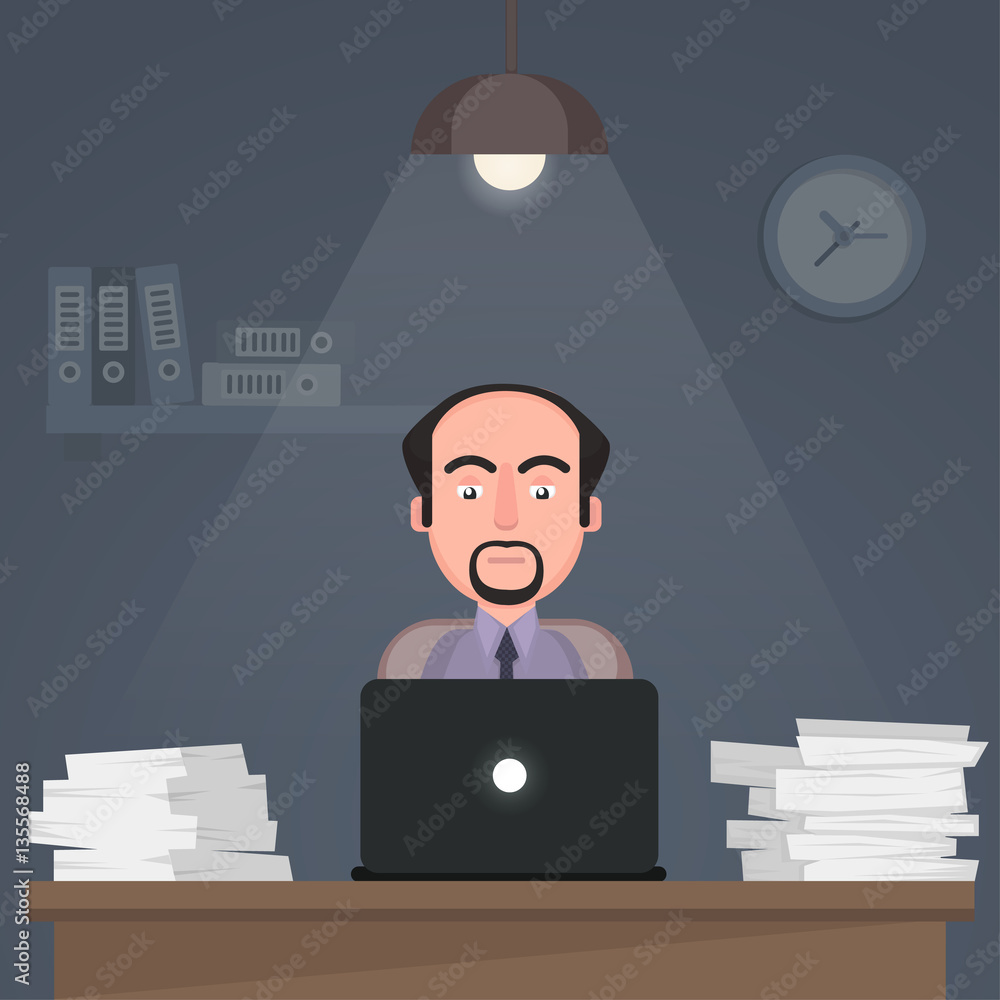 Funny Cartoon Character. Tired Office Worker Sitting and Working All ...