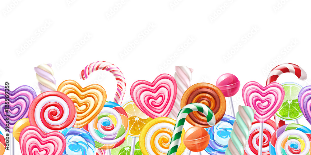 Lollipops candy border background. Hard candies on stick. Stock Vector ...
