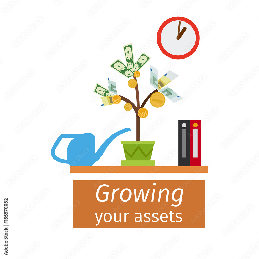 Growing your assets business concept with money tree, isolated on white ...