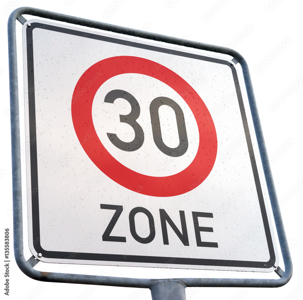 Wet German Zone 30 warning and road sign isolated Stock-Foto | Adobe Stock