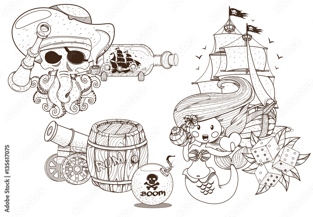 Pirate design. The Little Mermaid and The Jolly Roger set outline ...