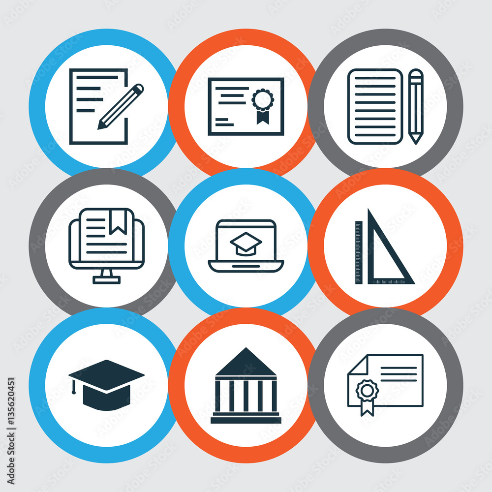 Set Of 9 School Icons. Includes Distance Learning, Certificate, E-Study ...