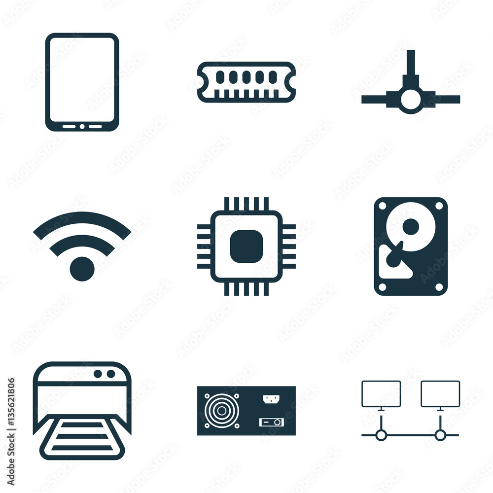 Set Of 9 Computer Hardware Icons. Includes Connected Devices, Chip ...