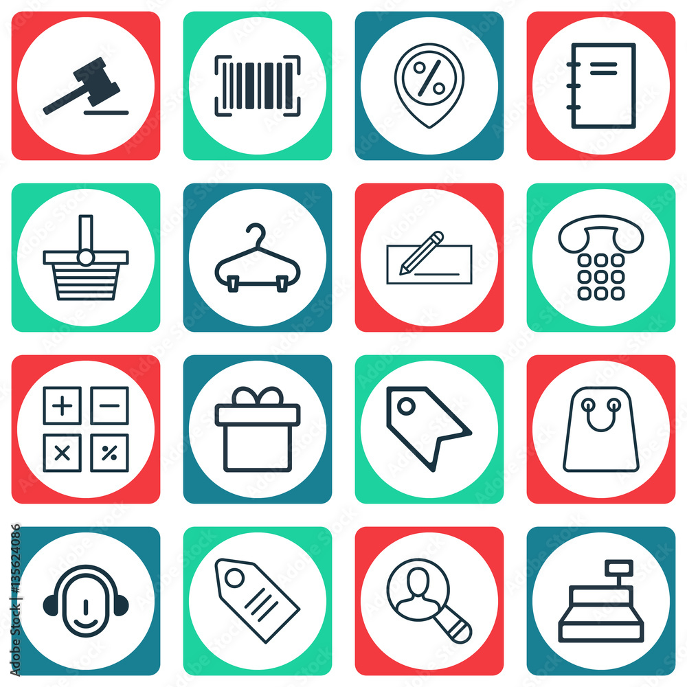 Set Of 16 E-Commerce Icons. Includes Spiral Notebook, Identification ...