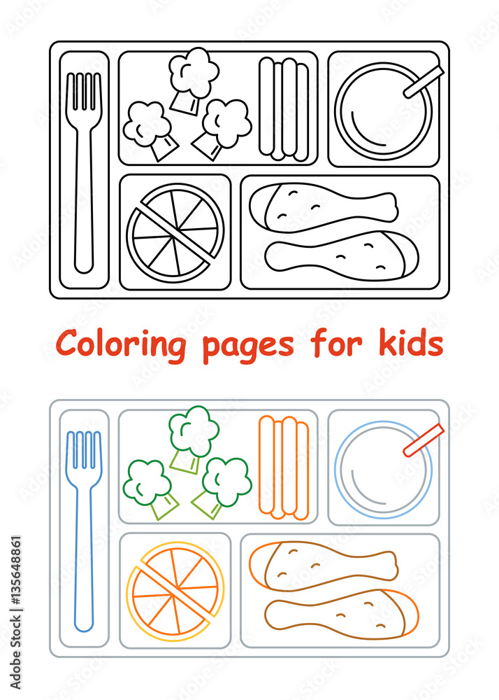 Coloring pages for kids. Lunch tray. Line style. Vector illustration ...
