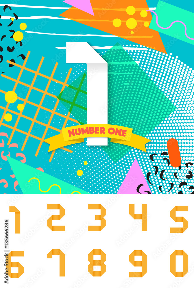Number one ribbon on Neo Memphis geomertric background. White paper ...