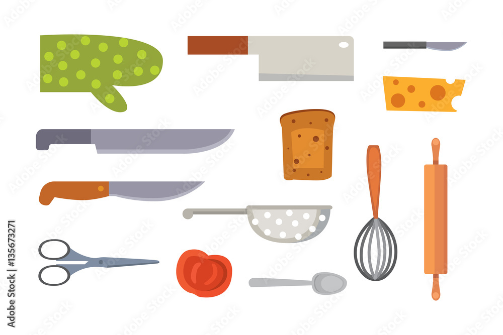 Vector Set Kitchen Utensils. cooking tools flat style. cook equipment ...