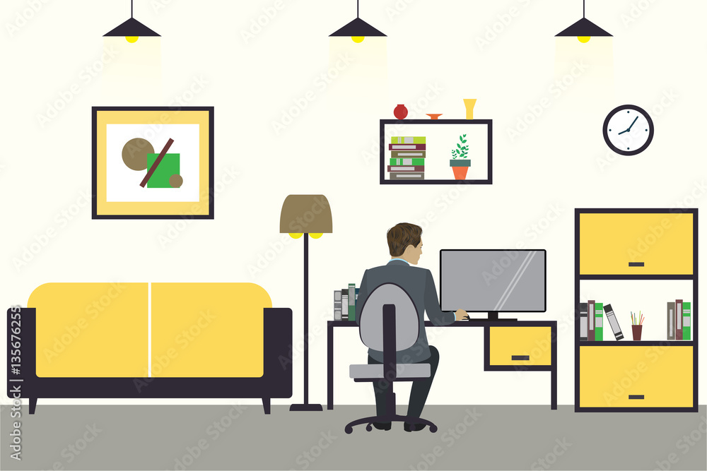 Cartoon businessman working at home, living room interior design Stock ...
