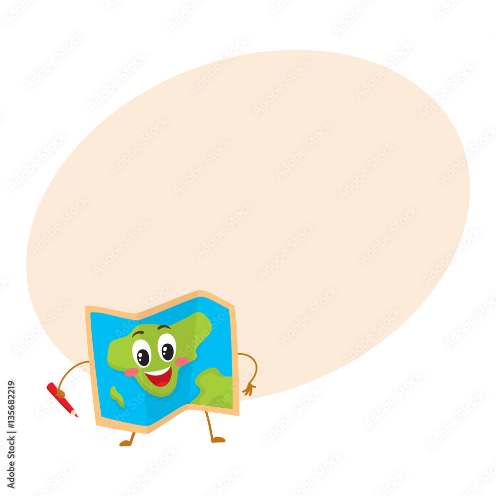 Folding geographical map funny character with a red pencil, travelling ...