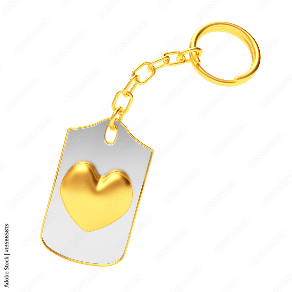 Golden heart icon on silver key chain isolated on white background. 3D ...