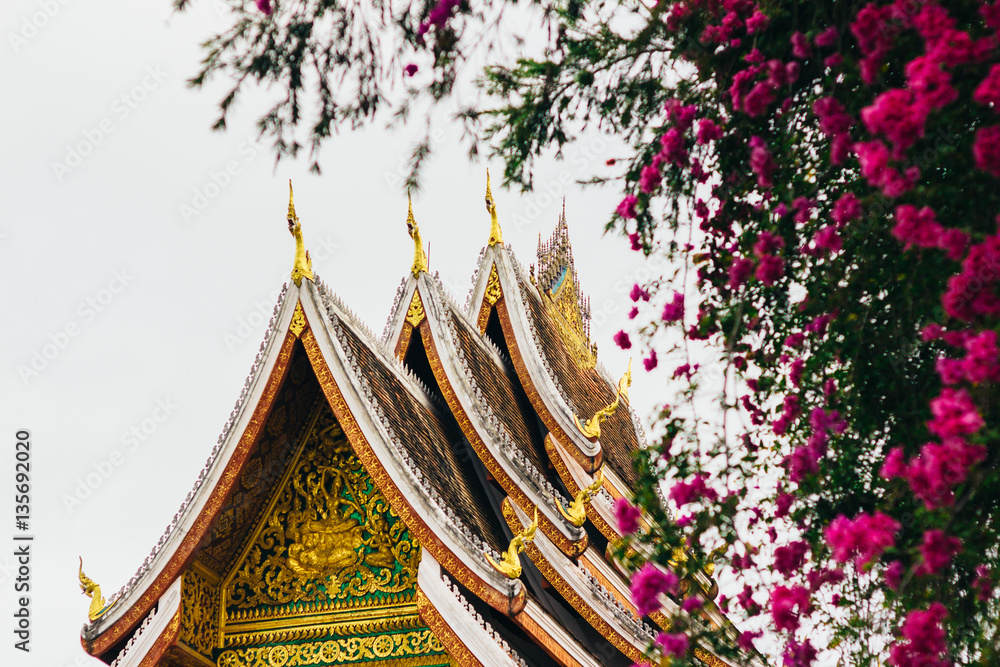 Poster Purple flowers and the details of architecture of Buddhist ...