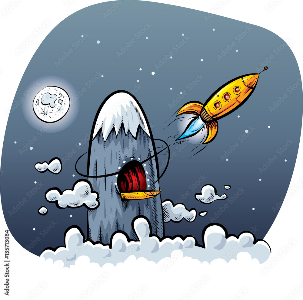 A cartoon rocket ship blasts off from a secret mountain base at night ...