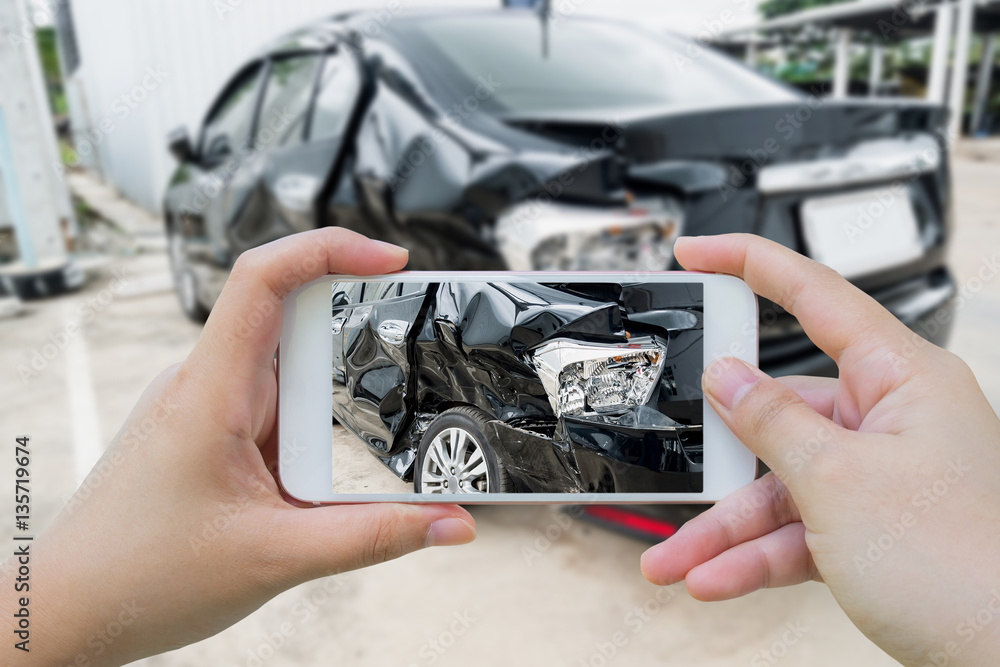Car crash accident damaged with hand using smartphone taking pho Stock ...