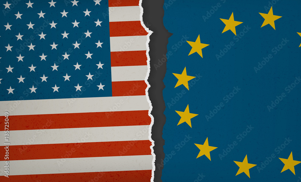 Flag of USA and European Union torn apart - Political Tension, Modern ...