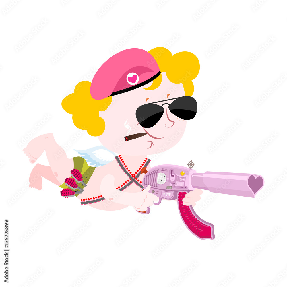 Cupid and weapons. Cute little angel and love gun. Illustration Stock ...