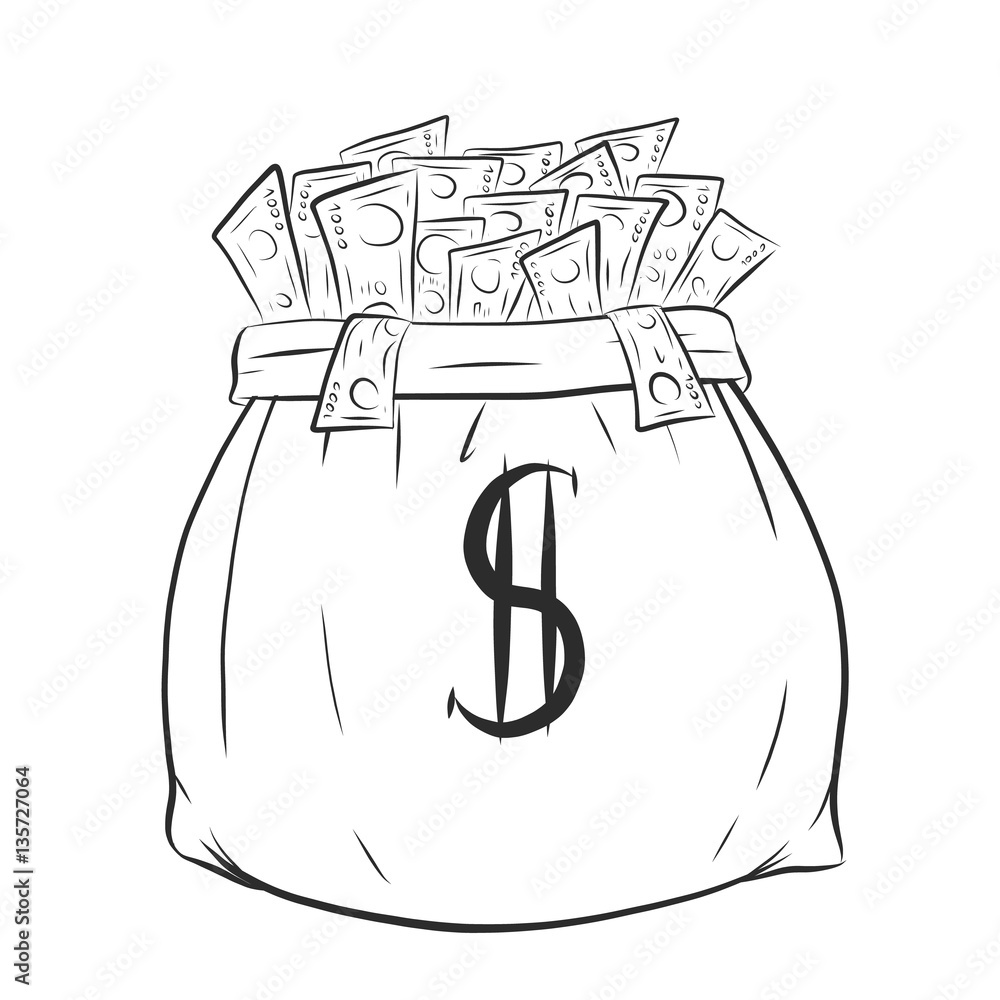 Money bag vector on white background.Money bag sketch by hand drawing ...