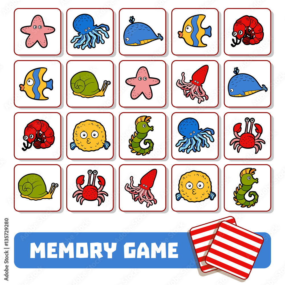 Memory game for children, cards with sea animals Stock Vector | Adobe Stock
