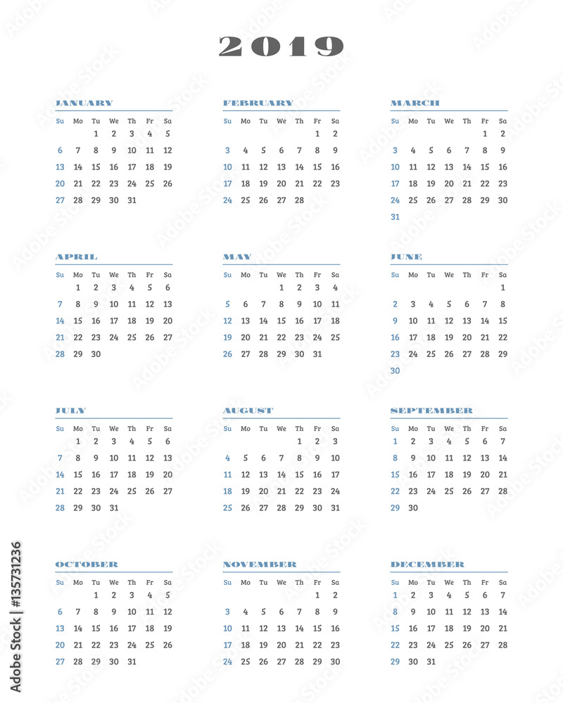 Calendar for 2019 year. Week starts Sunday. Vector Illustration Stock ...