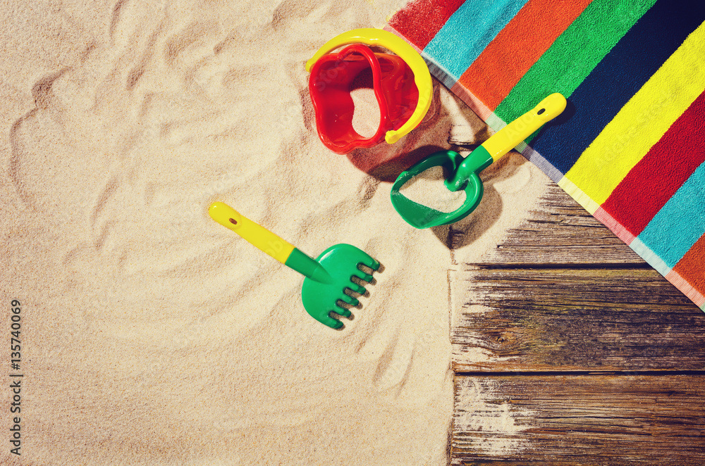 Top view of sandy beach frame. Background with copy space and visible ...