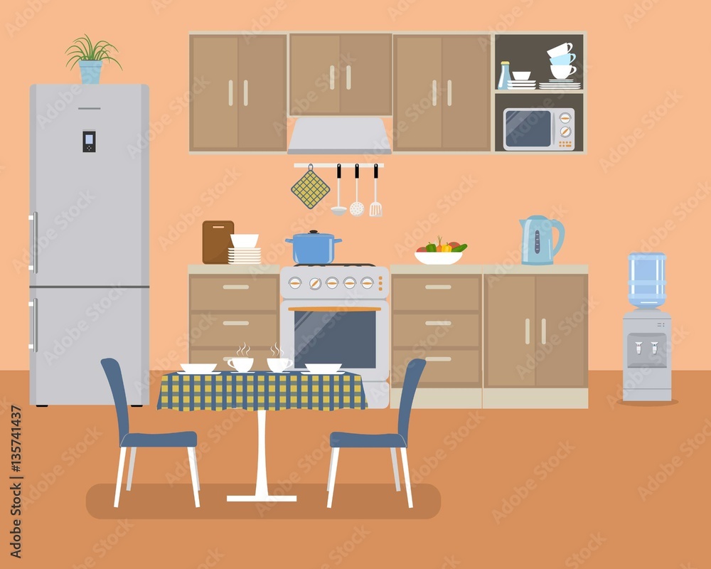 Kitchen in orange color. There is a furniture of a beige color, a stove ...