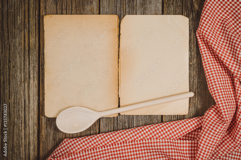 Vintage cookbook with cooking ingredients background. Top view ...