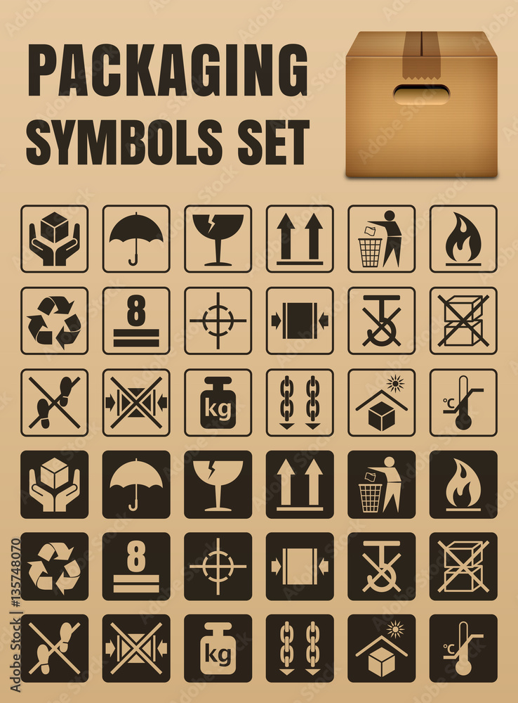 Packaging symbols set including Fragile, Handle with care, Keep dry ...