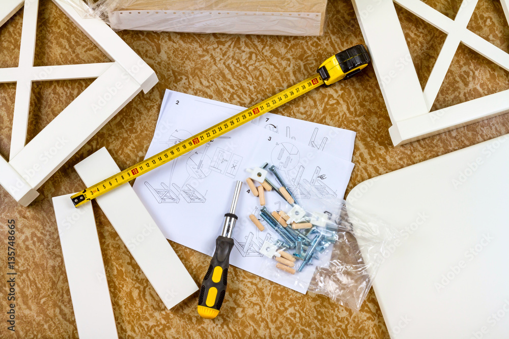 Tools, instructions and details for self assembly furniture Stock Photo ...