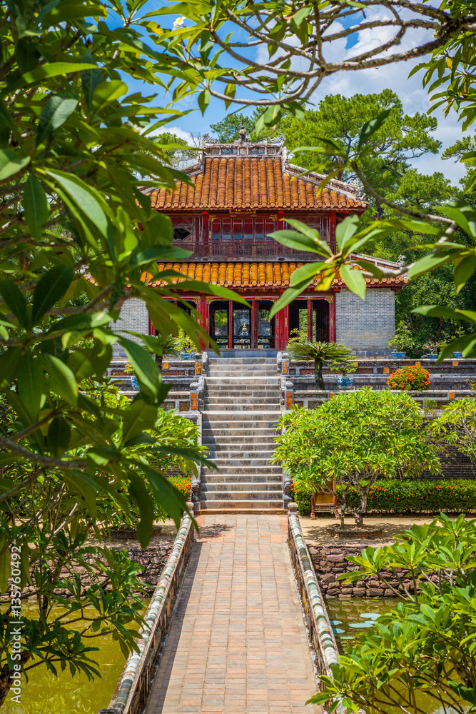 Minh Lau pavilion and Trung Dao bridge at Minh Mang Emperor Tomb in Hue ...