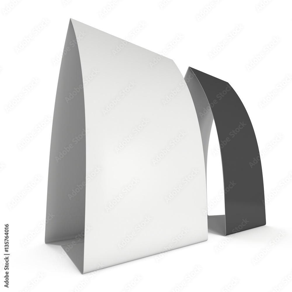 Two blank paper tent cards. 3d render illustration isolated. Table ...