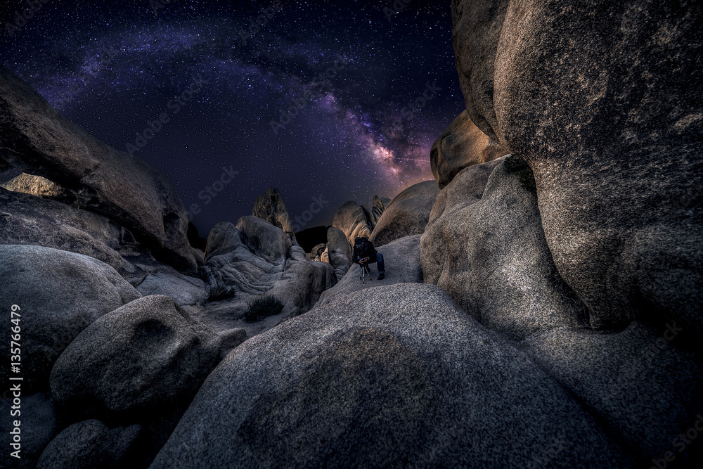Photographer doing astro photography in a desert nightscape with milky ...