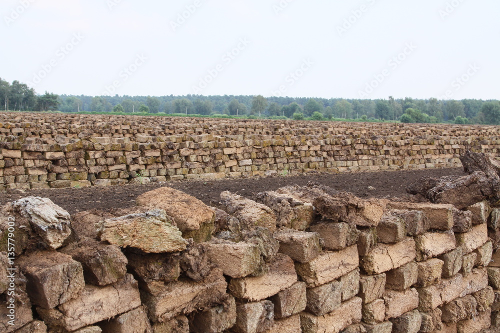Torf lagert nach Abbau auf einem Torffeld Stock Photo | Adobe Stock