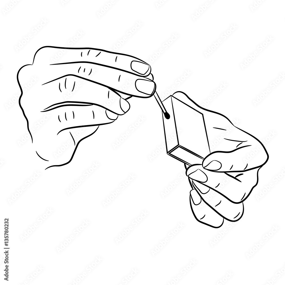hand holding a match and box of monochrome vector illustration Stock ...