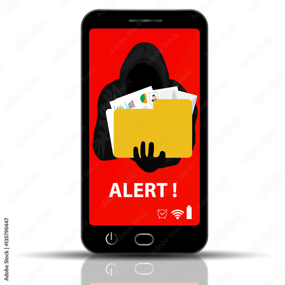 Thief. Hacker stealing field in smart phone Cartoon ilustración de ...