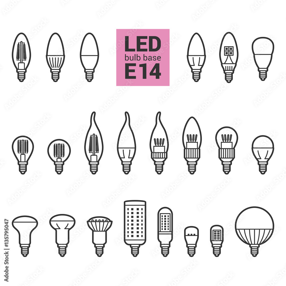 LED light bulbs with E14 base, vector outline icon set on white ...