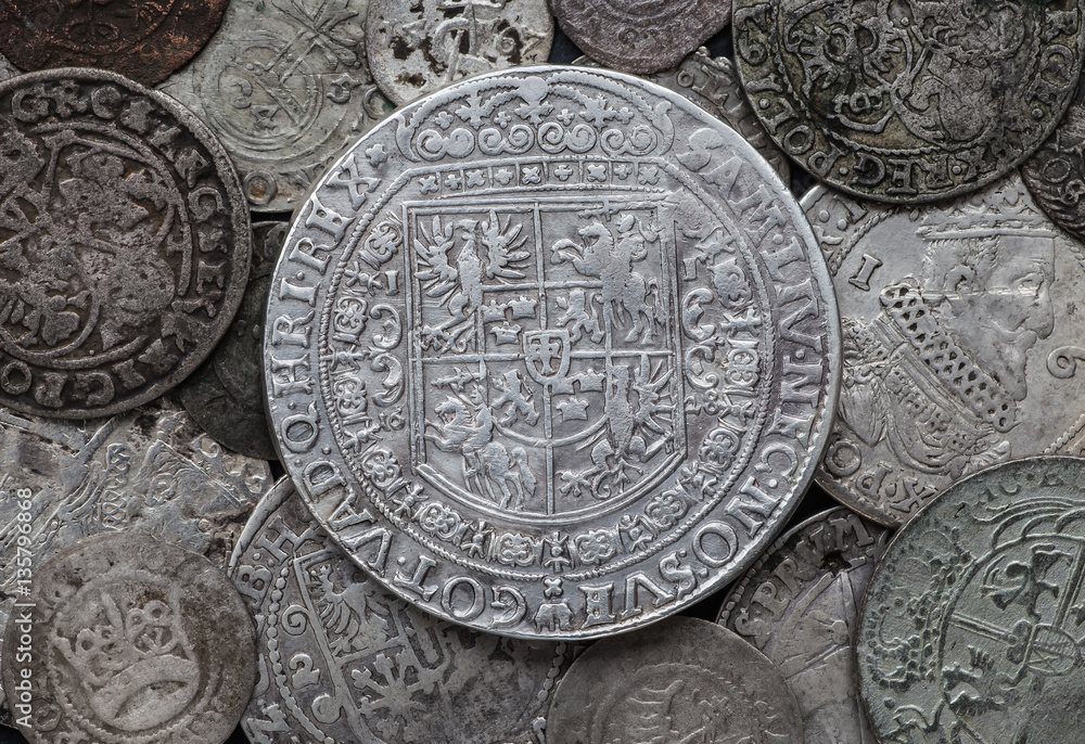 old taler silver coins background.Zygmunt III Waza Stock Photo | Adobe ...