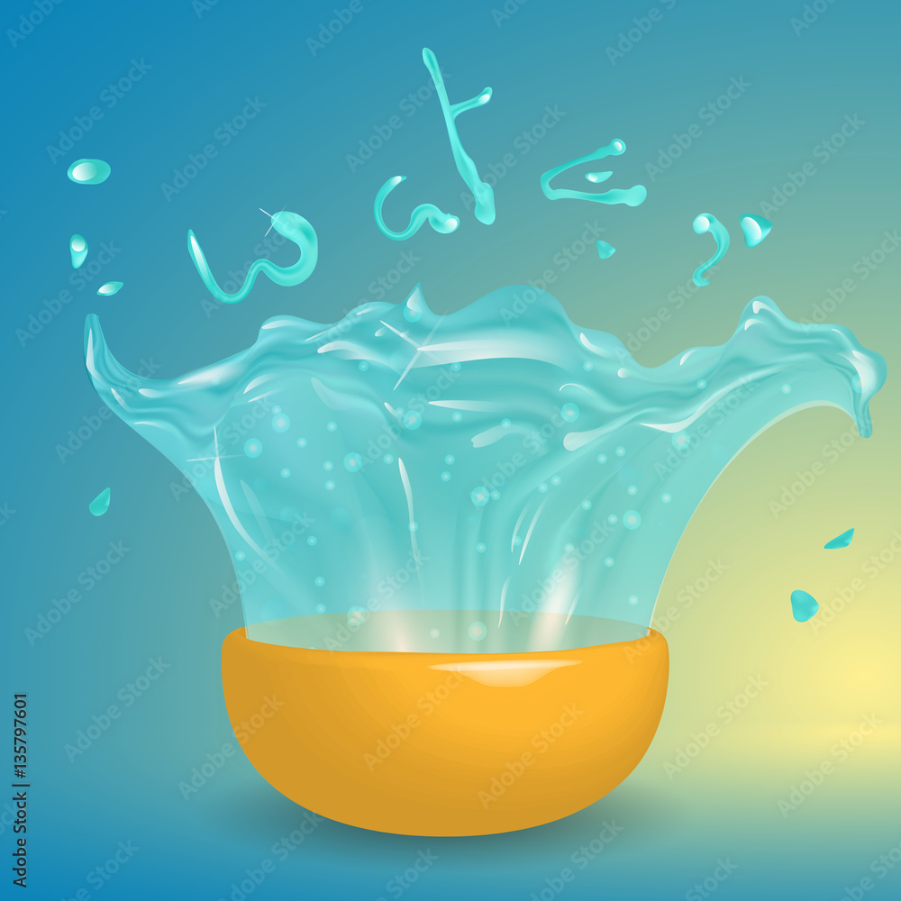 Funny illustration with bowl and water splash. Cartoon style. Water ...