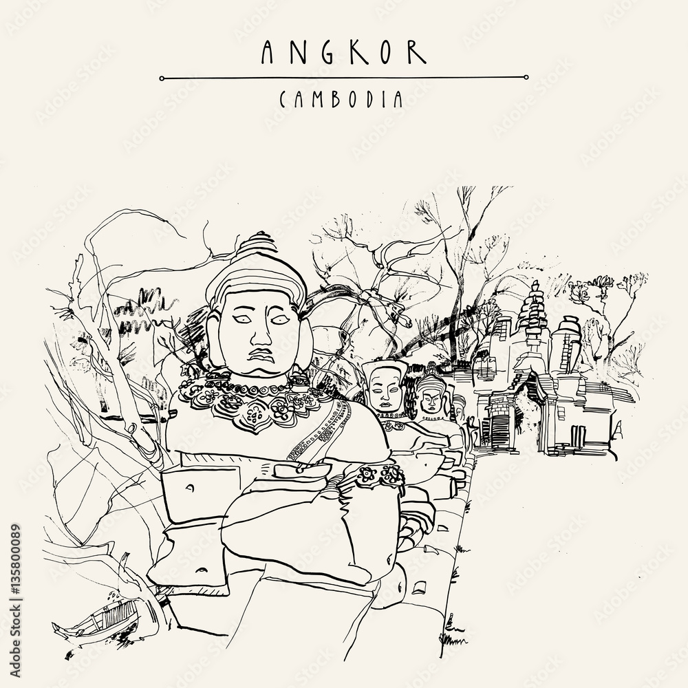 South gate of Angkor Thom and sculptures an a bridge in Angkor ...