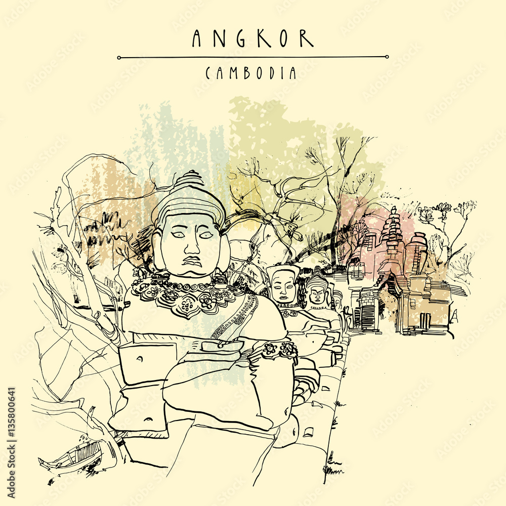 South gate of Angkor Thom and sculptures an a bridge in Angkor ...