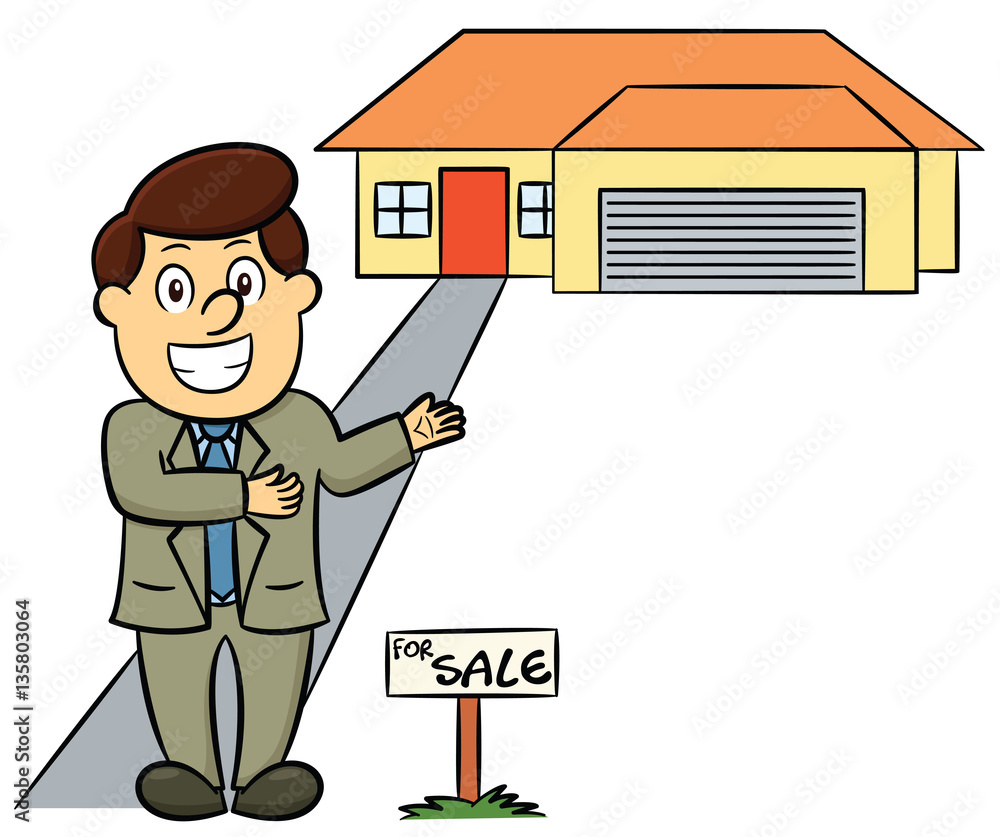 Property Agent Promoting House For Sale Cartoon Illustration Stock ...