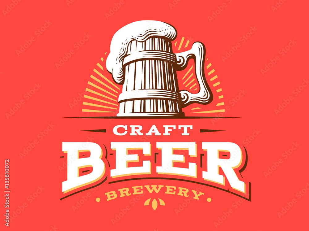 Craft beer logo- vector illustration, emblem brewery design on red ...