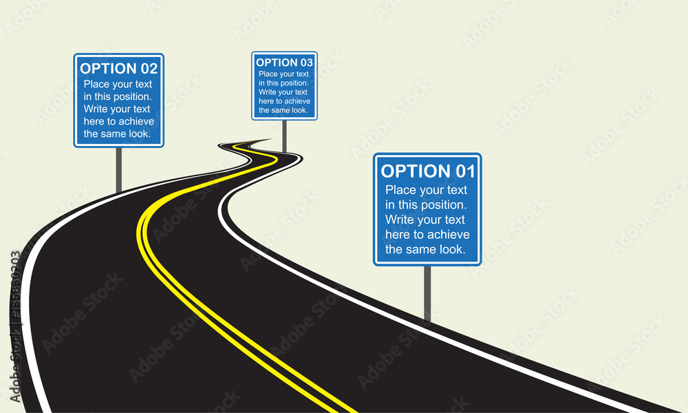 Asphalt winding road with road signs. Infographics template with ...