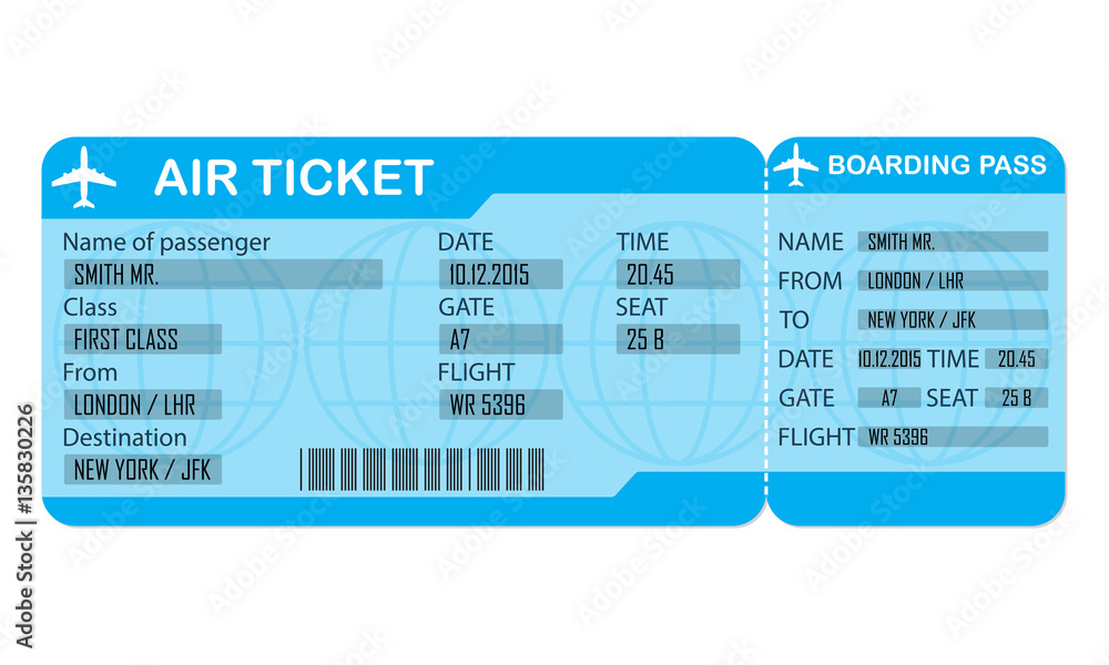Airplane ticket isolated on white background. Detailed blank of ...