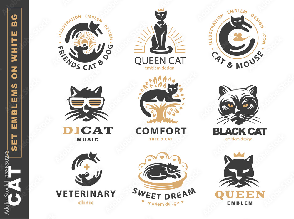 Set logo illustration with cat, emblem design on white background Stock ...