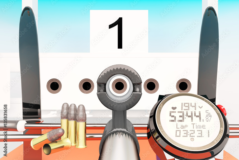 Biathlon. Biathlete shooting with a rifle at a target. Stock ...