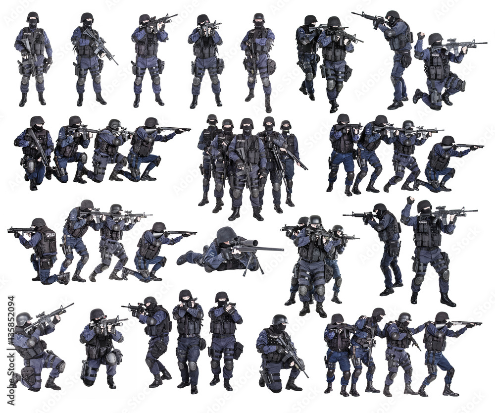 Set of police officers SWAT studio shot isolated on white background ...